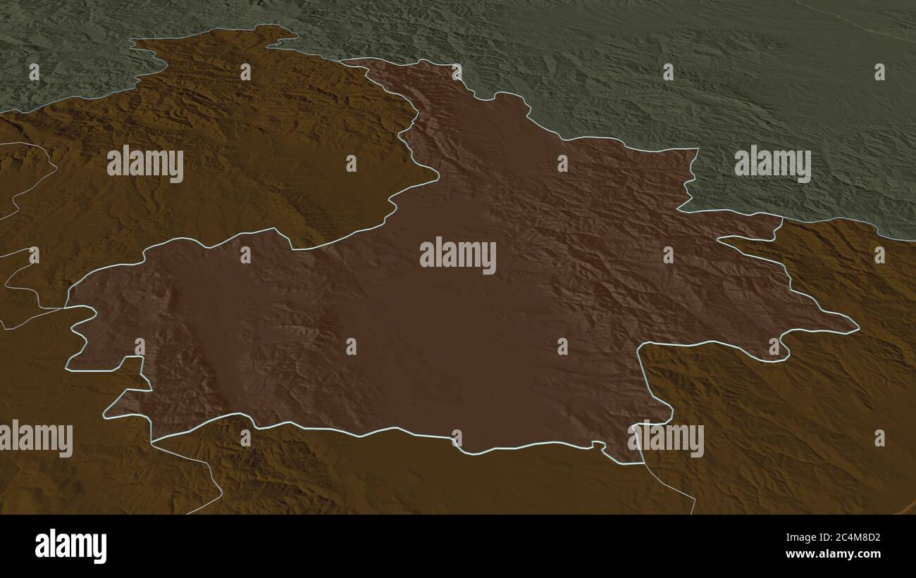 Zoom in on Pristina (district of Kosovo) outlined. Oblique perspective ...