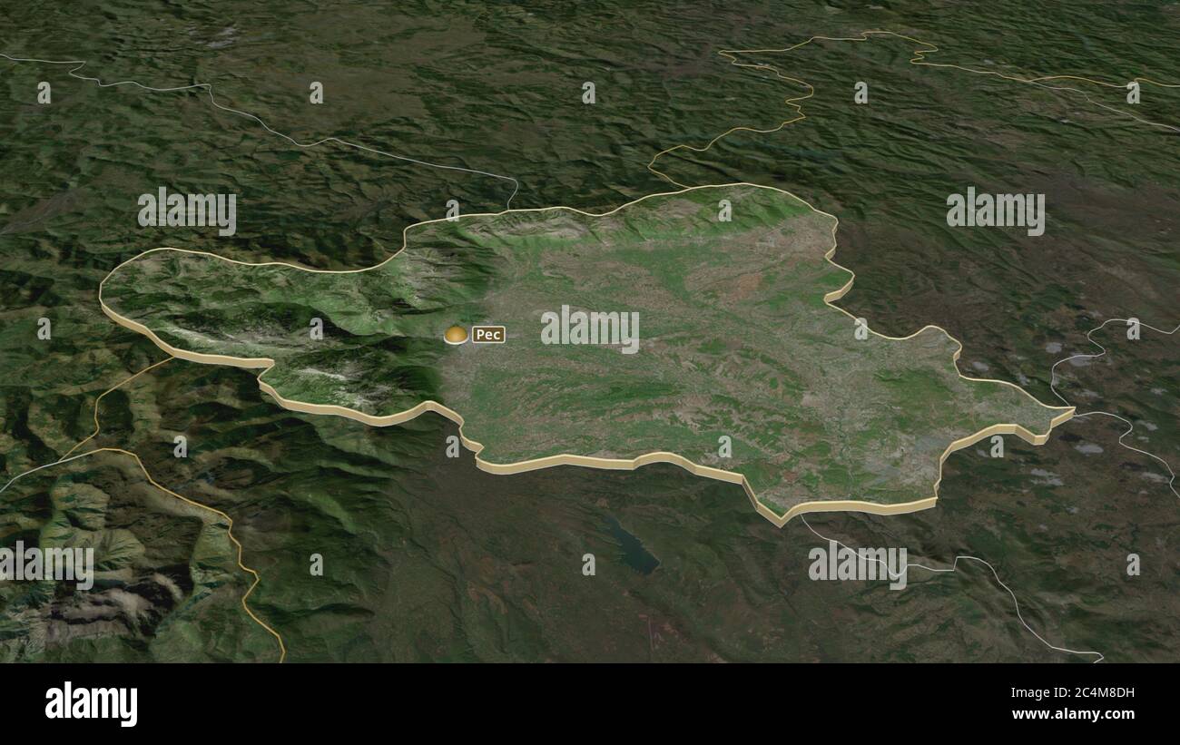 Zoom in on Pećki (district of Kosovo) extruded. Oblique perspective ...