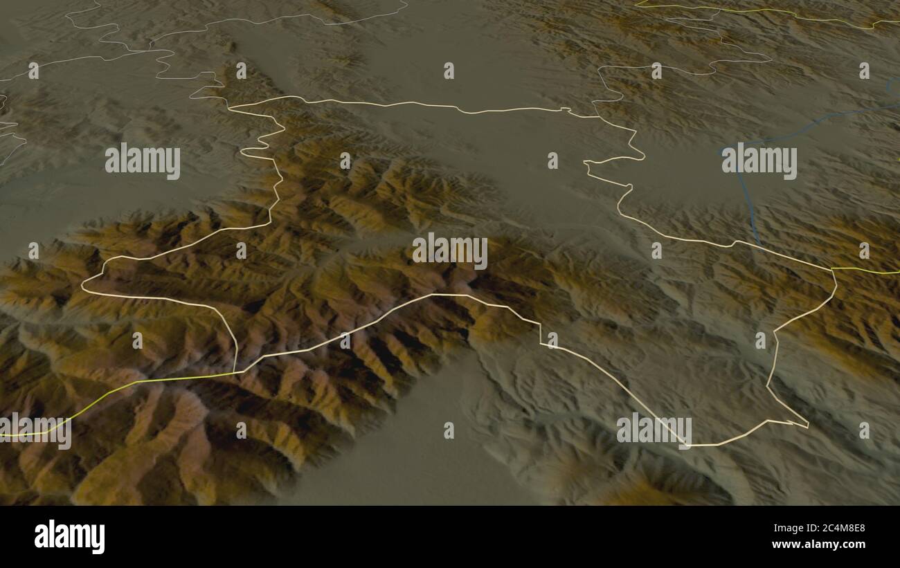 Zoom in on Uroševac (district of Kosovo) outlined. Oblique perspective ...