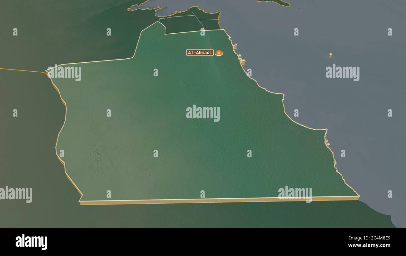 Zoom in on Al Ahmadi (province of Kuwait) extruded. Oblique perspective ...