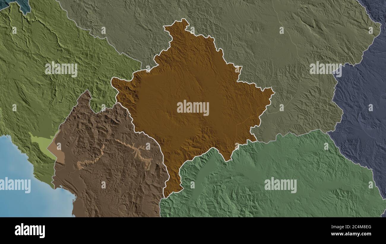Outlined shape of the Kosovo area. Colored and bumped map of the ...
