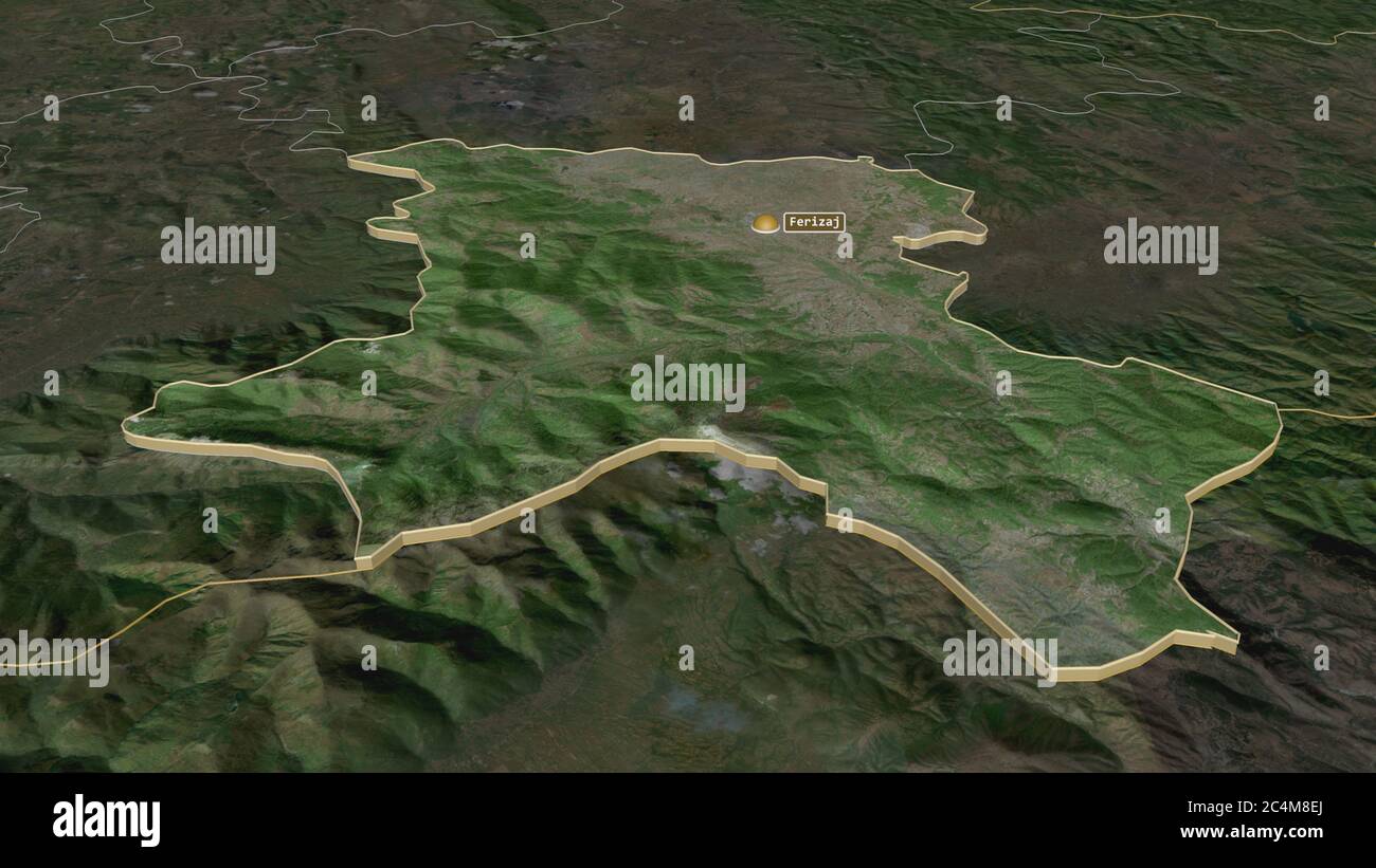 Zoom in on Uroševac (district of Kosovo) extruded. Oblique perspective ...