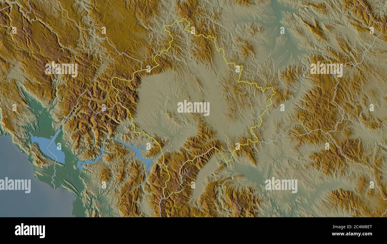 Outlined shape of the Kosovo area. Topographic relief map with surface ...