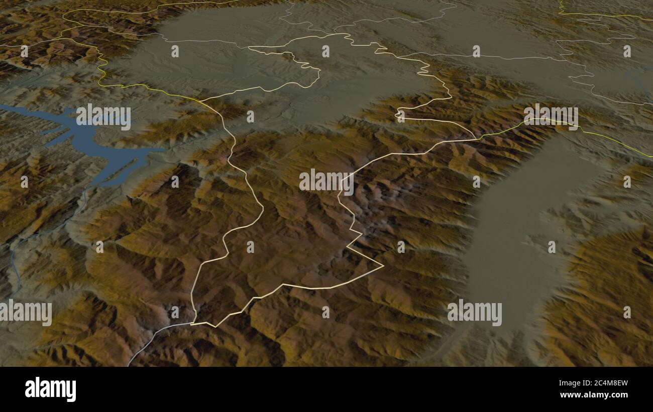 Zoom in on Prizren (district of Kosovo) outlined. Oblique perspective ...