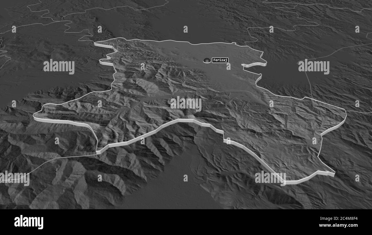 Zoom in on Uroševac (district of Kosovo) extruded. Oblique perspective ...