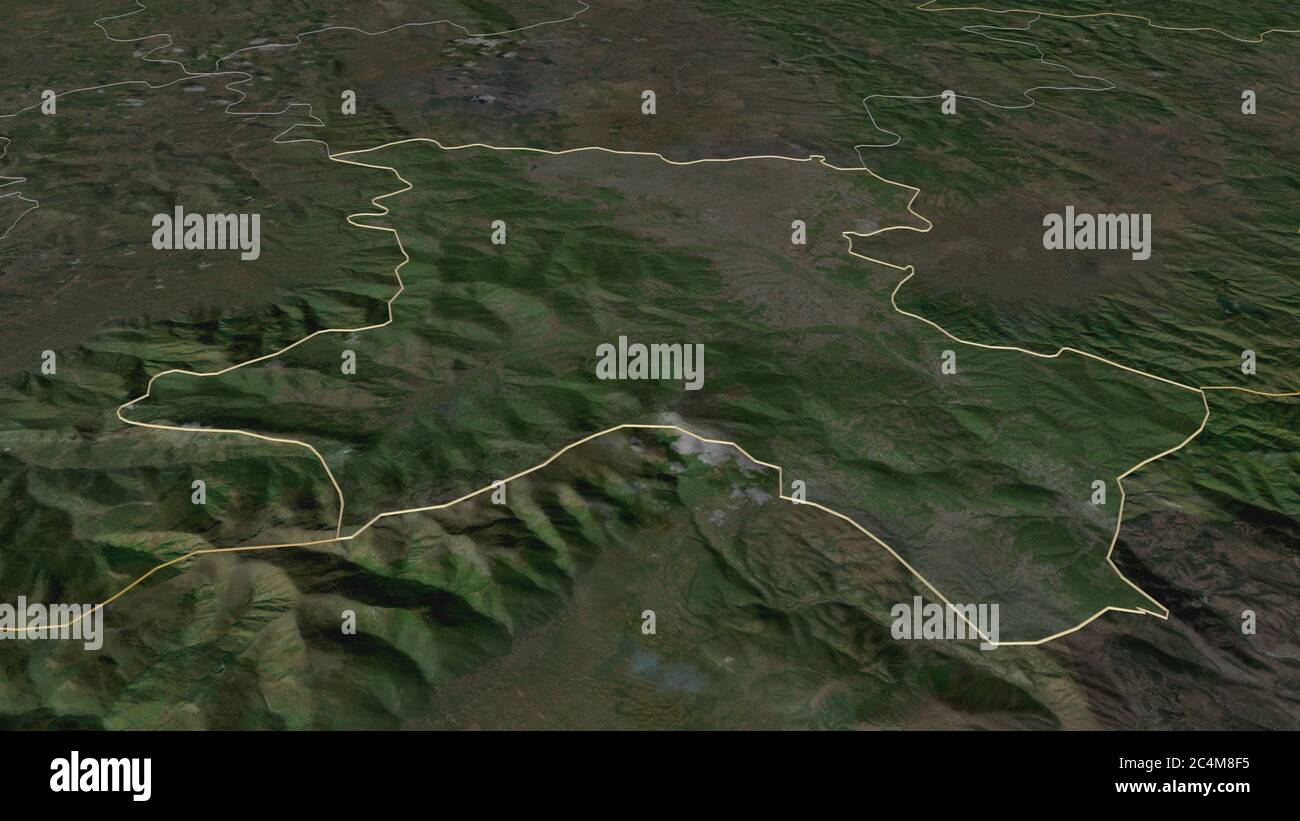 Zoom in on Uroševac (district of Kosovo) outlined. Oblique perspective ...