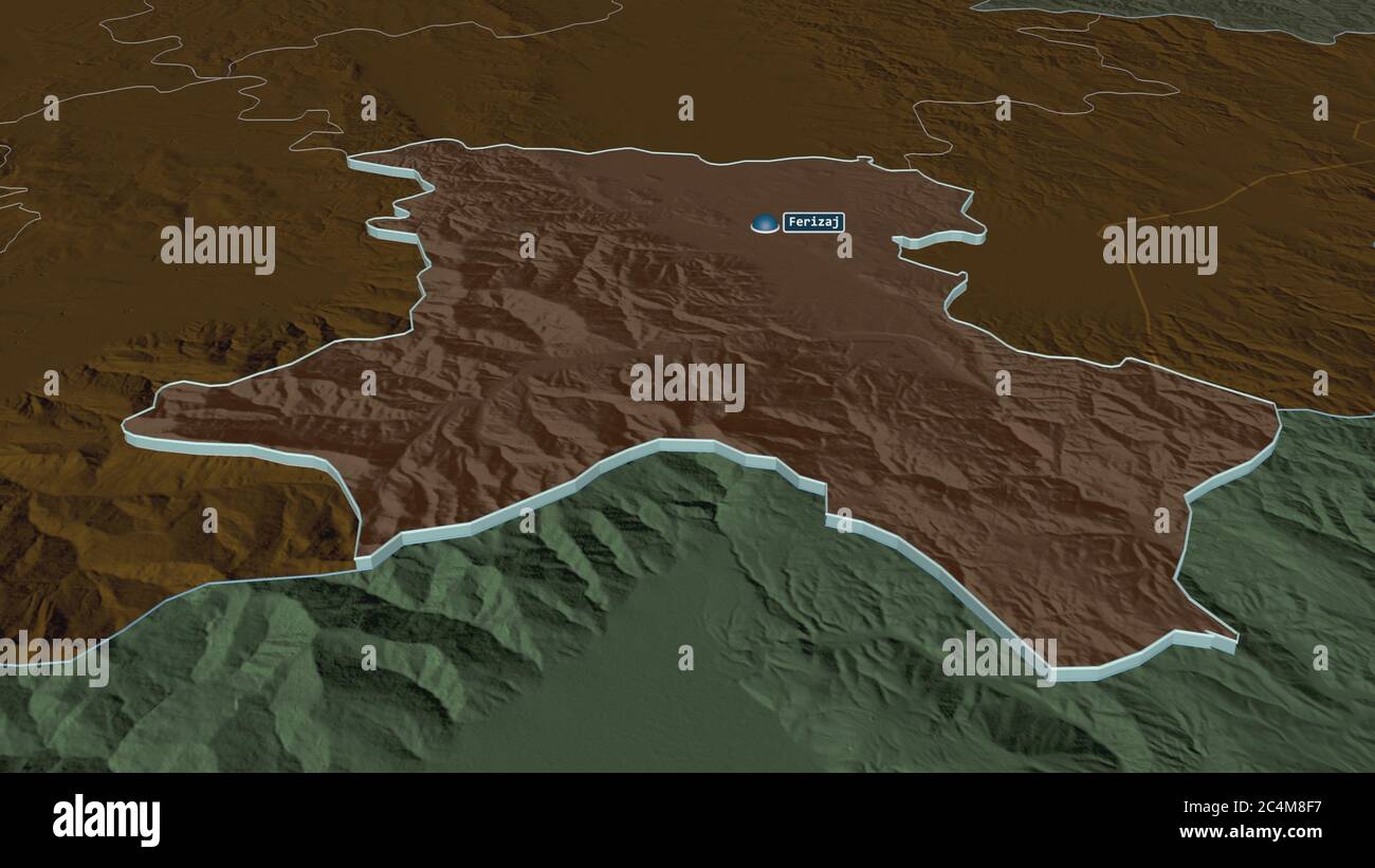 Zoom in on Uroševac (district of Kosovo) extruded. Oblique perspective ...