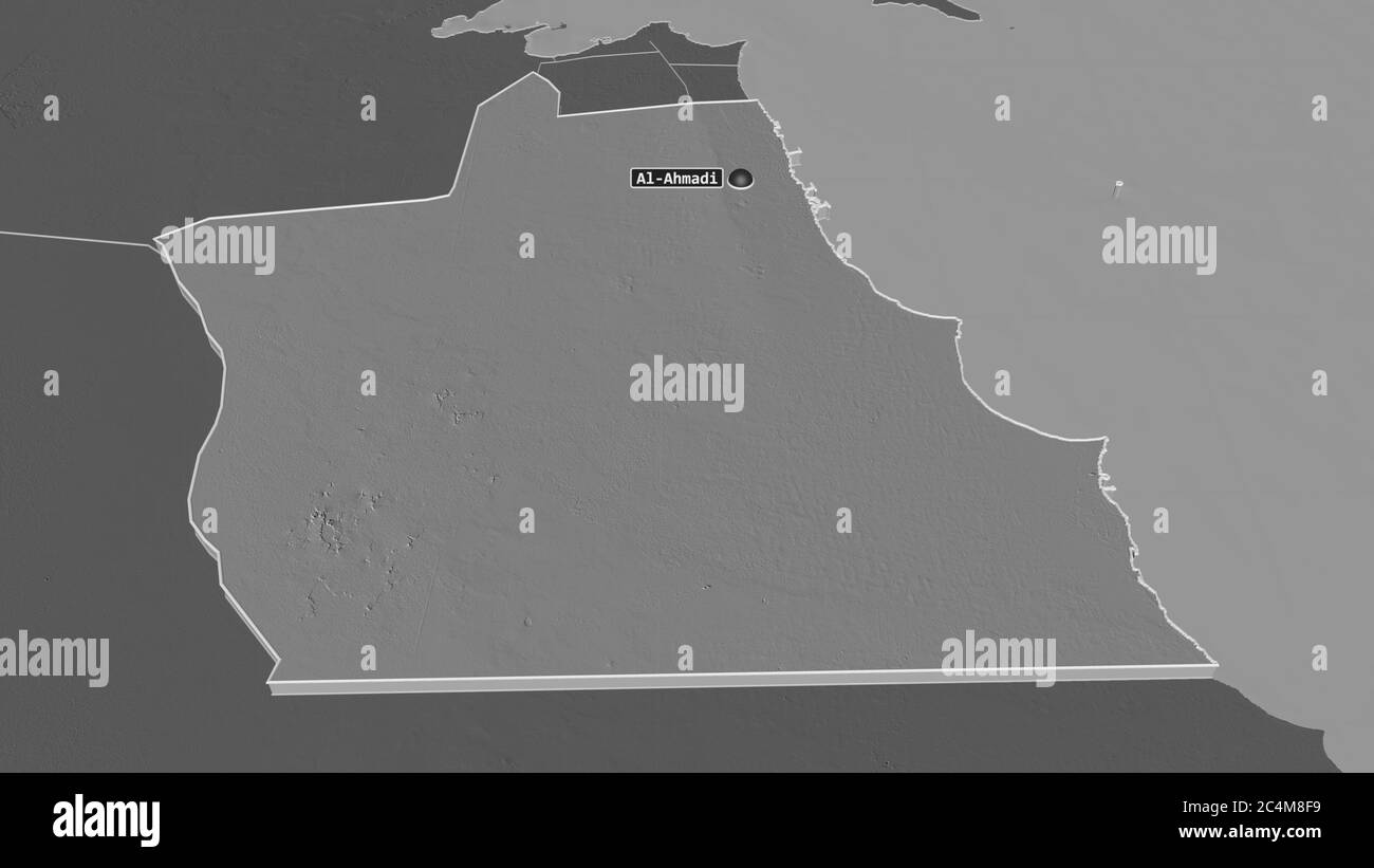 Zoom in on Al Ahmadi (province of Kuwait) extruded. Oblique perspective ...