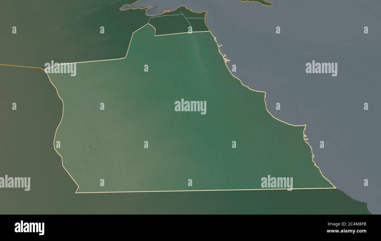 Zoom in on Al Ahmadi (province of Kuwait) outlined. Oblique perspective ...