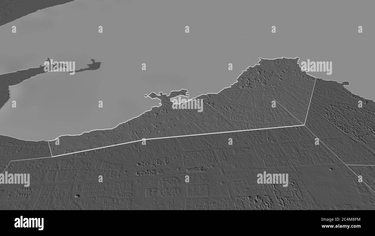 Zoom in on Al Kuwayt (province of Kuwait) outlined. Oblique perspective ...