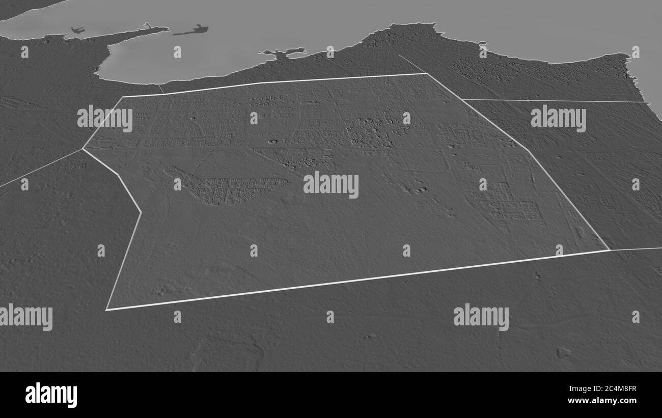 Zoom in on Al Farwaniyah (province of Kuwait) outlined. Oblique ...