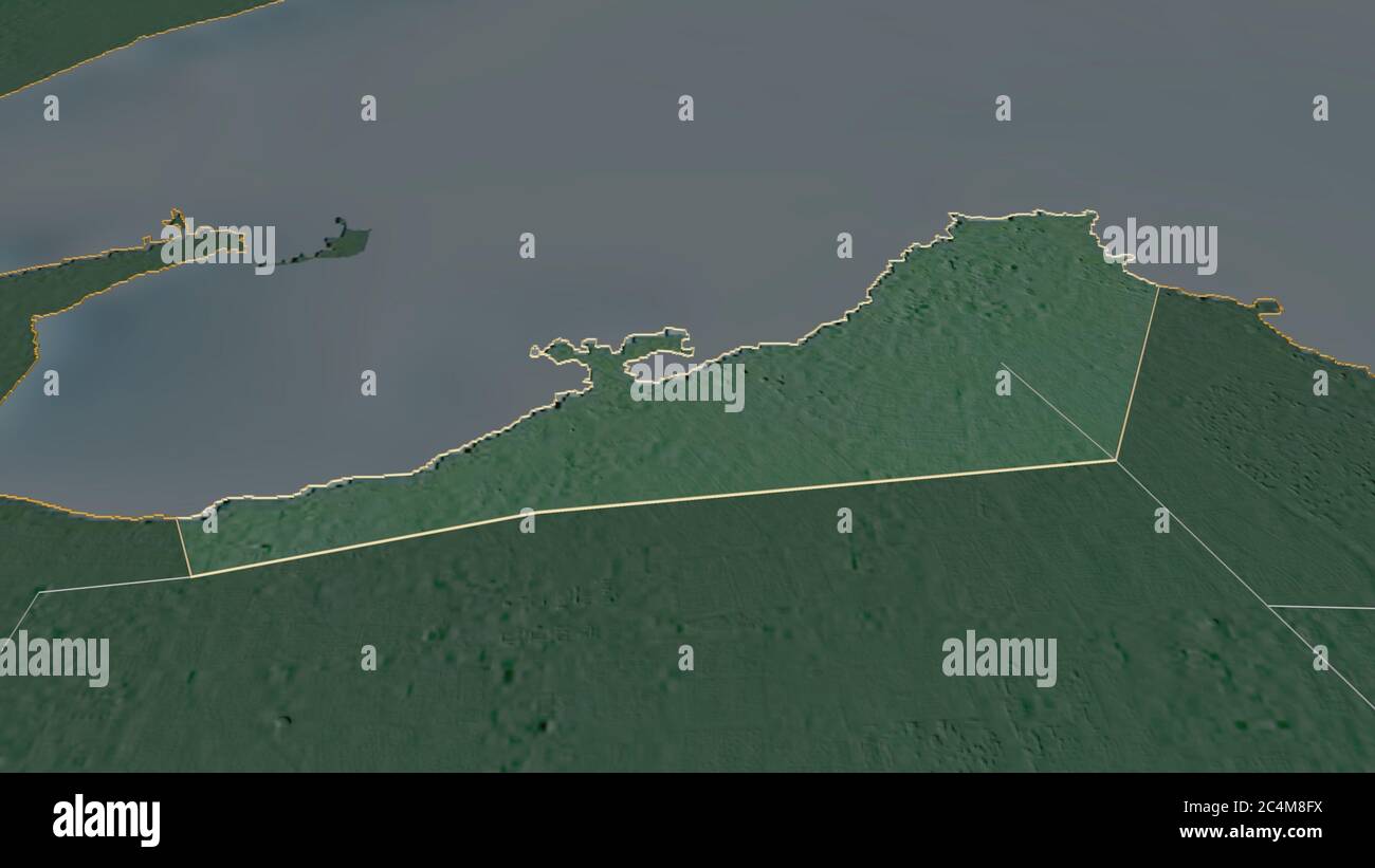 Zoom in on Al Kuwayt (province of Kuwait) outlined. Oblique perspective ...