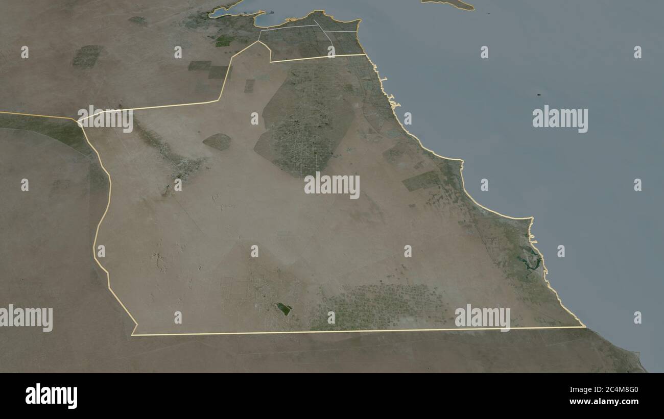 Zoom in on Al Ahmadi (province of Kuwait) outlined. Oblique perspective ...