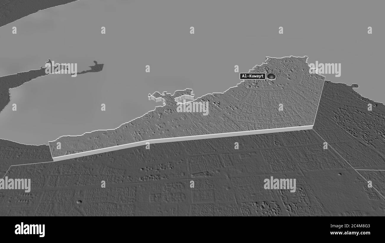 Zoom in on Al Kuwayt (province of Kuwait) extruded. Oblique perspective ...