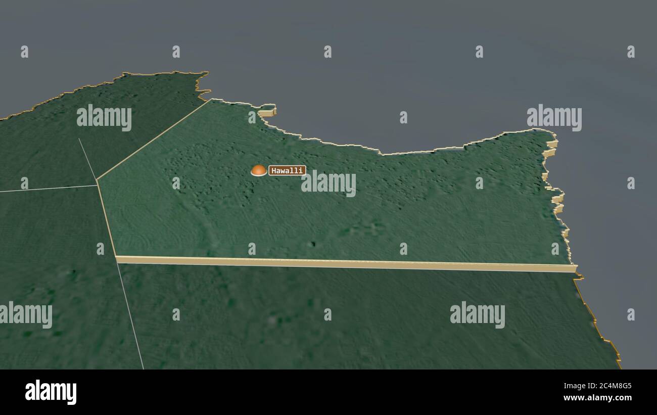 Zoom in on Hawalli (province of Kuwait) extruded. Oblique perspective ...