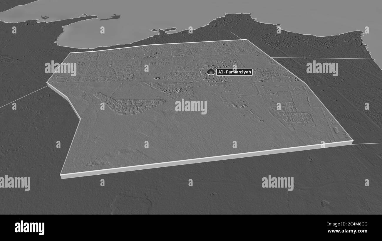 Zoom in on Al Farwaniyah (province of Kuwait) extruded. Oblique ...