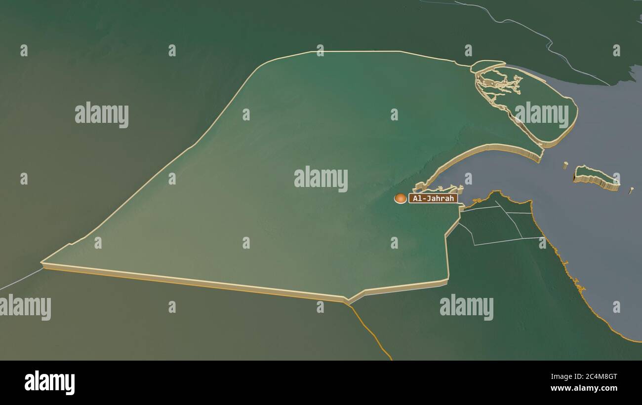 Zoom in on Al Jahrah (province of Kuwait) extruded. Oblique perspective ...