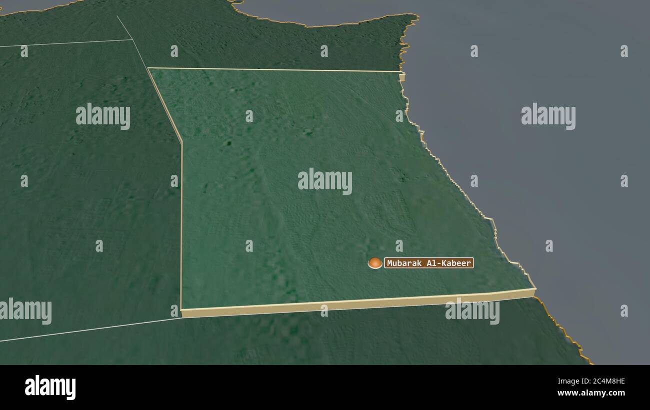 Zoom in on Mubarak Al-Kabeer (province of Kuwait) extruded. Oblique ...