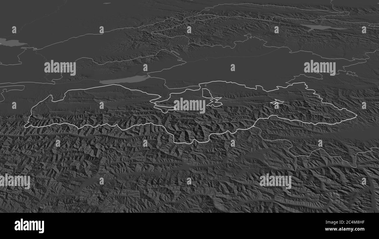 Zoom in on Batken (province of Kyrgyzstan) outlined. Oblique ...