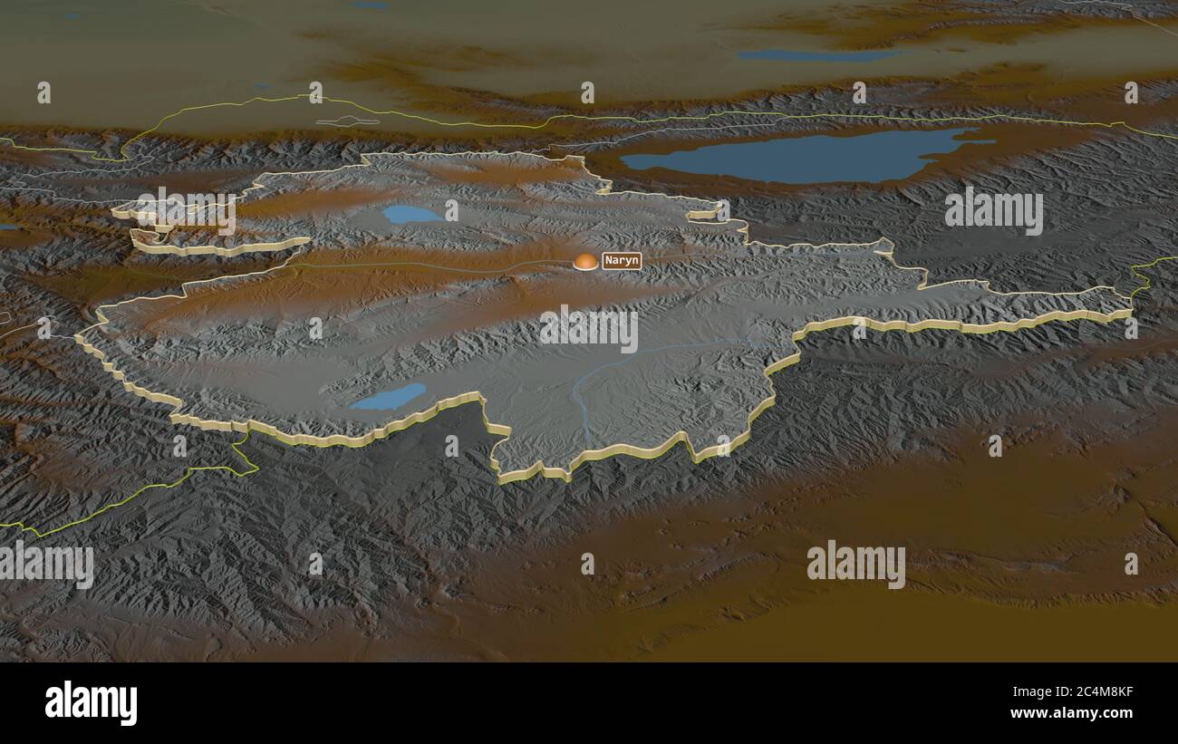 Zoom in on Naryn (province of Kyrgyzstan) extruded. Oblique perspective ...