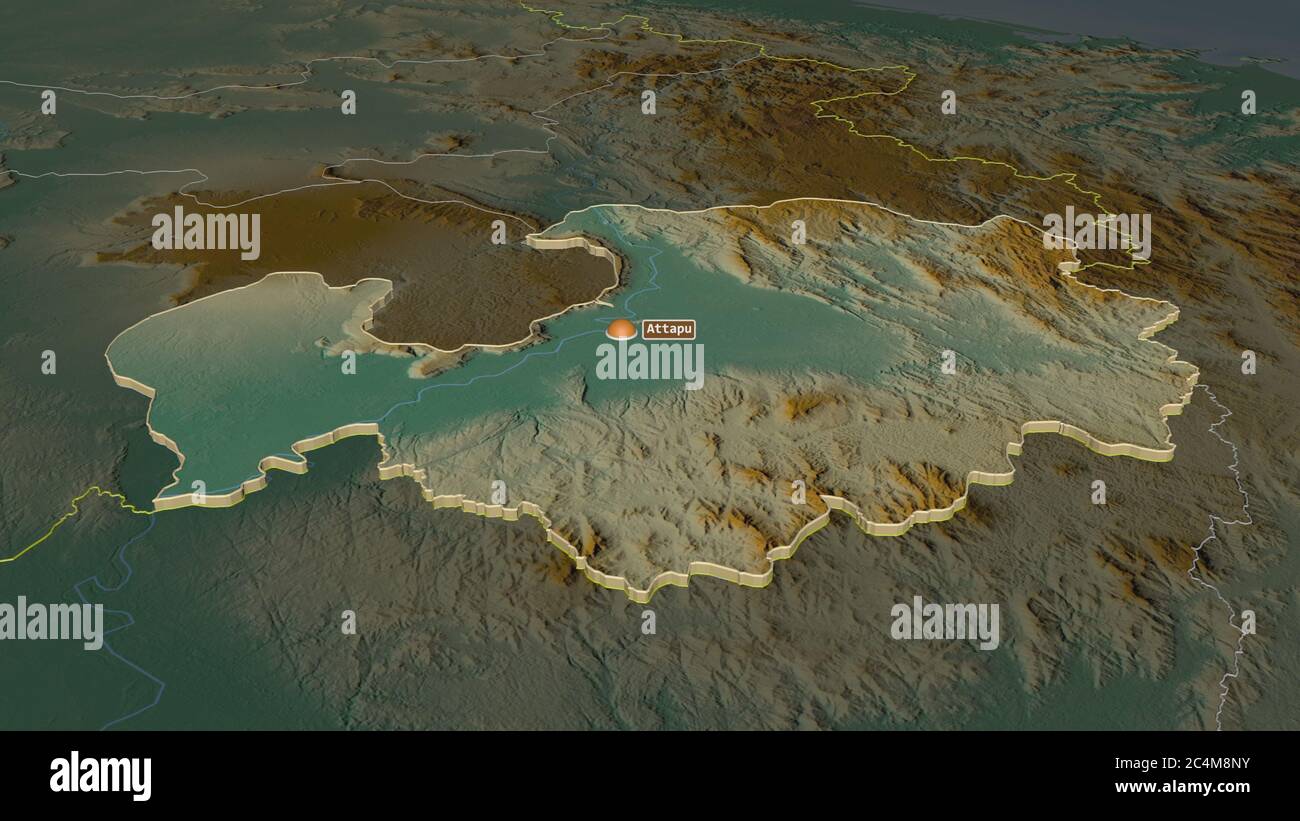 Zoom in on Attapu (province of Laos) extruded. Oblique perspective ...