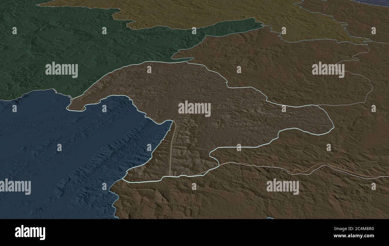 Zoom in on Bokeo (province of Laos) outlined. Oblique perspective ...