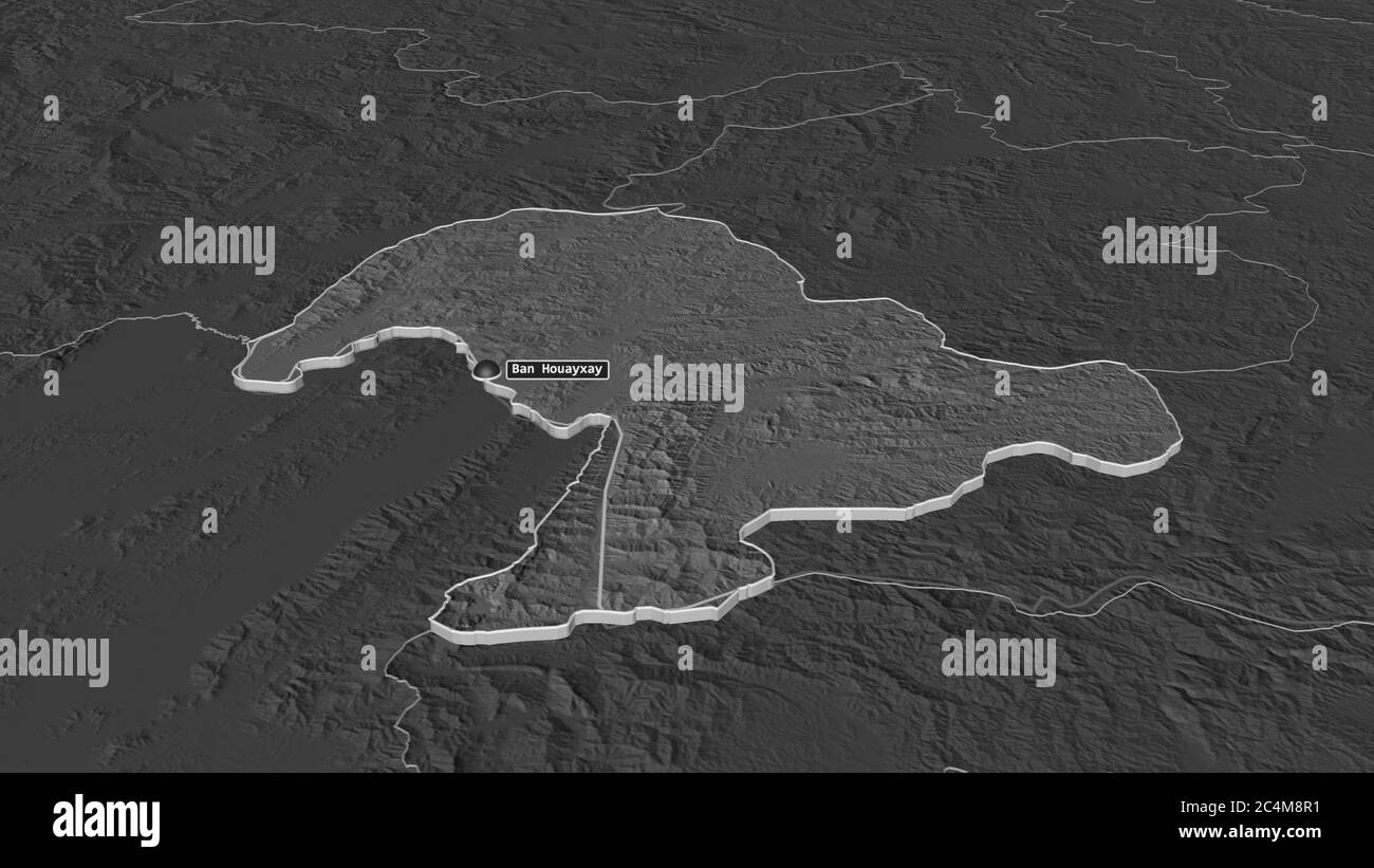 Zoom in on Bokeo (province of Laos) extruded. Oblique perspective ...
