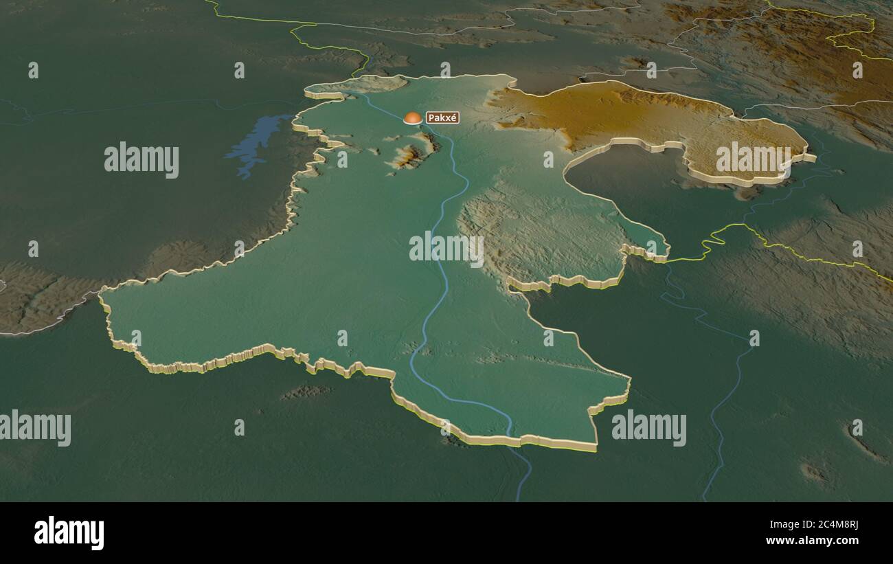 Zoom in on Champasak (province of Laos) extruded. Oblique perspective ...