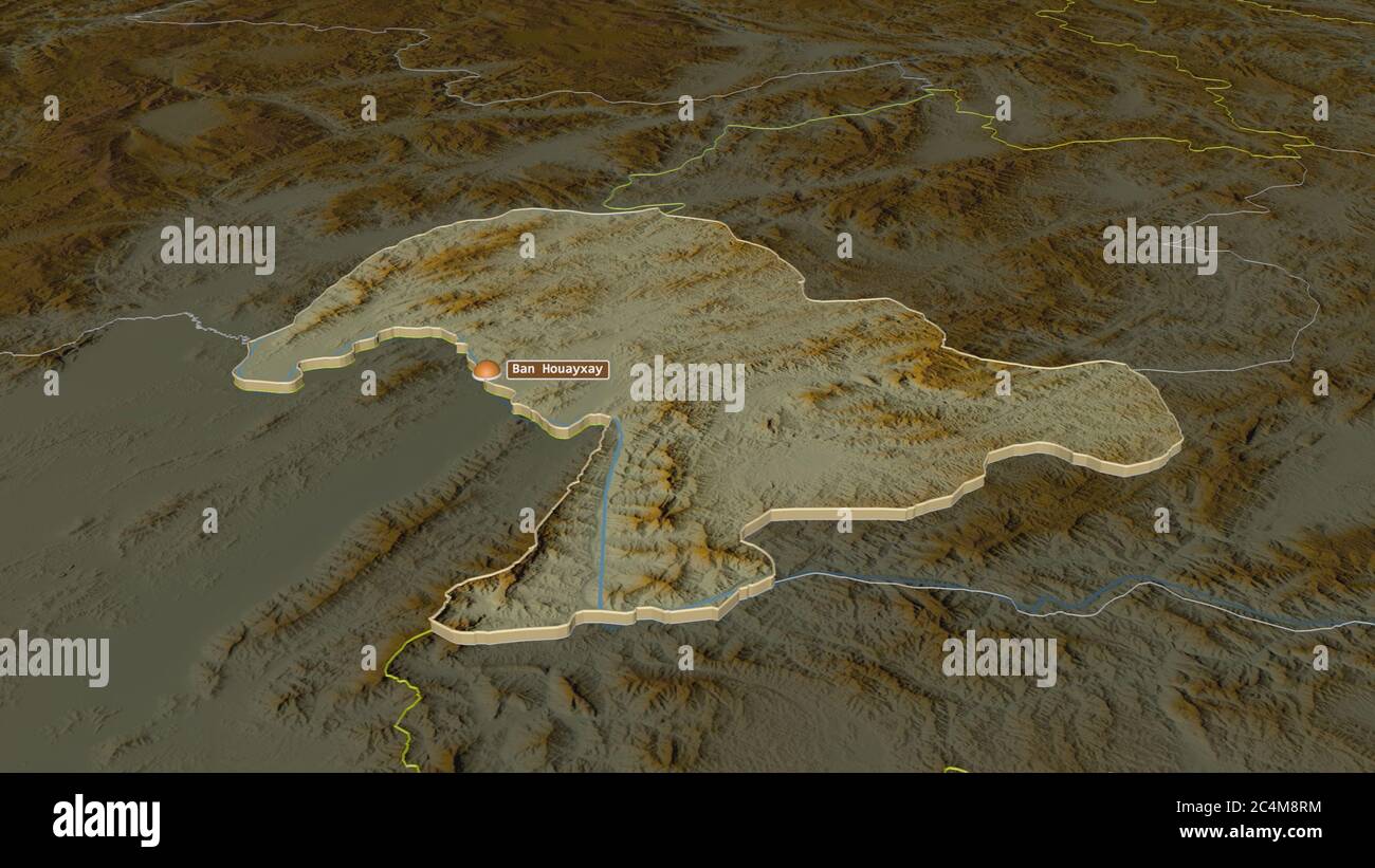 Zoom in on Bokeo (province of Laos) extruded. Oblique perspective ...