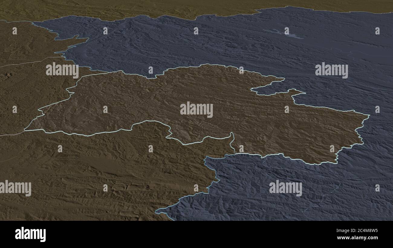 Zoom in on Houaphan (province of Laos) outlined. Oblique perspective ...