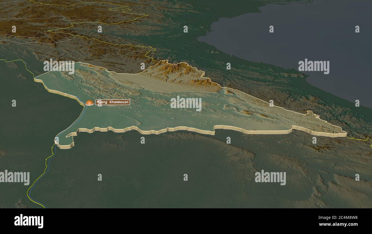 Zoom in on Khammouan (province of Laos) extruded. Oblique perspective ...