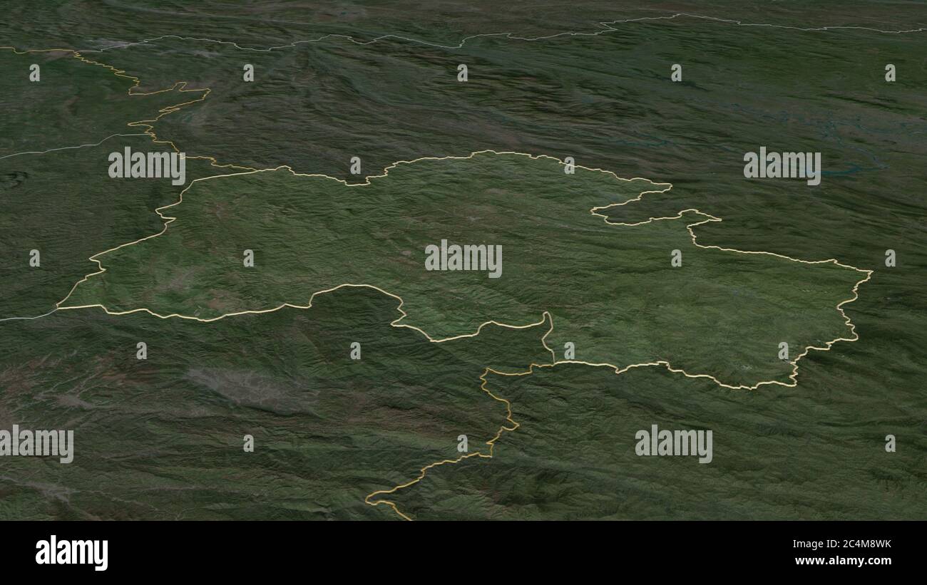 Zoom in on Houaphan (province of Laos) outlined. Oblique perspective ...