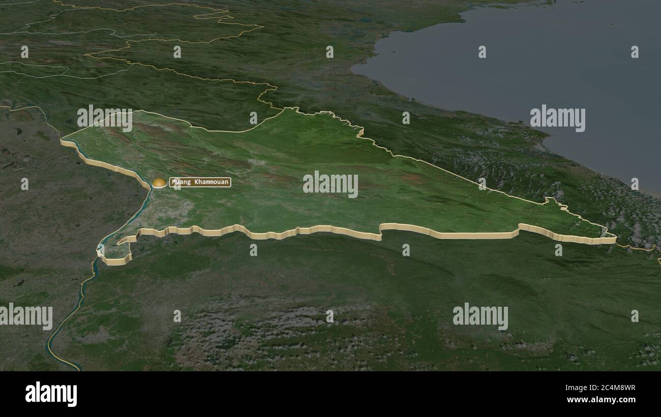 Zoom in on Khammouan (province of Laos) extruded. Oblique perspective ...