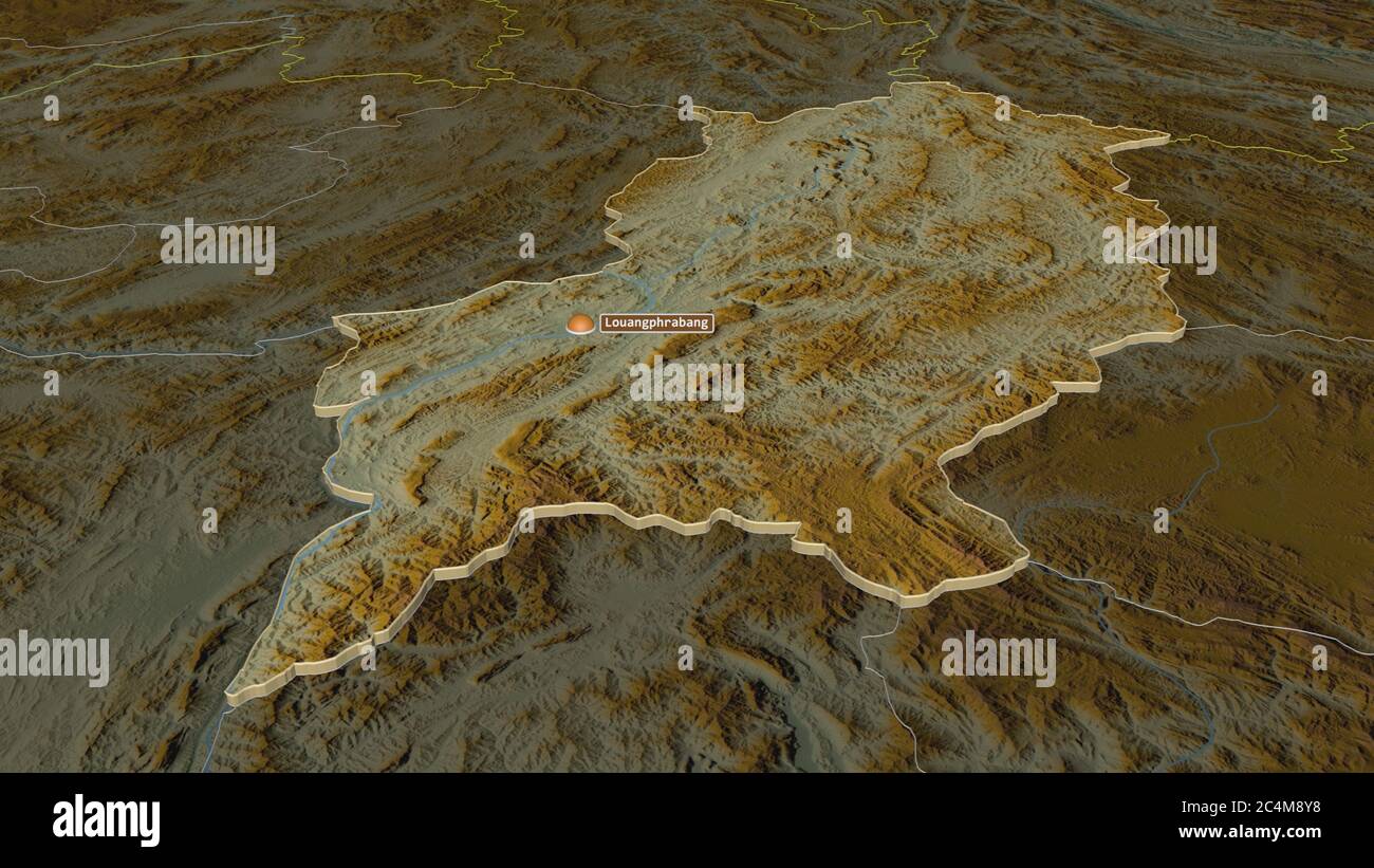 Zoom in on Louangphrabang (province of Laos) extruded. Oblique ...