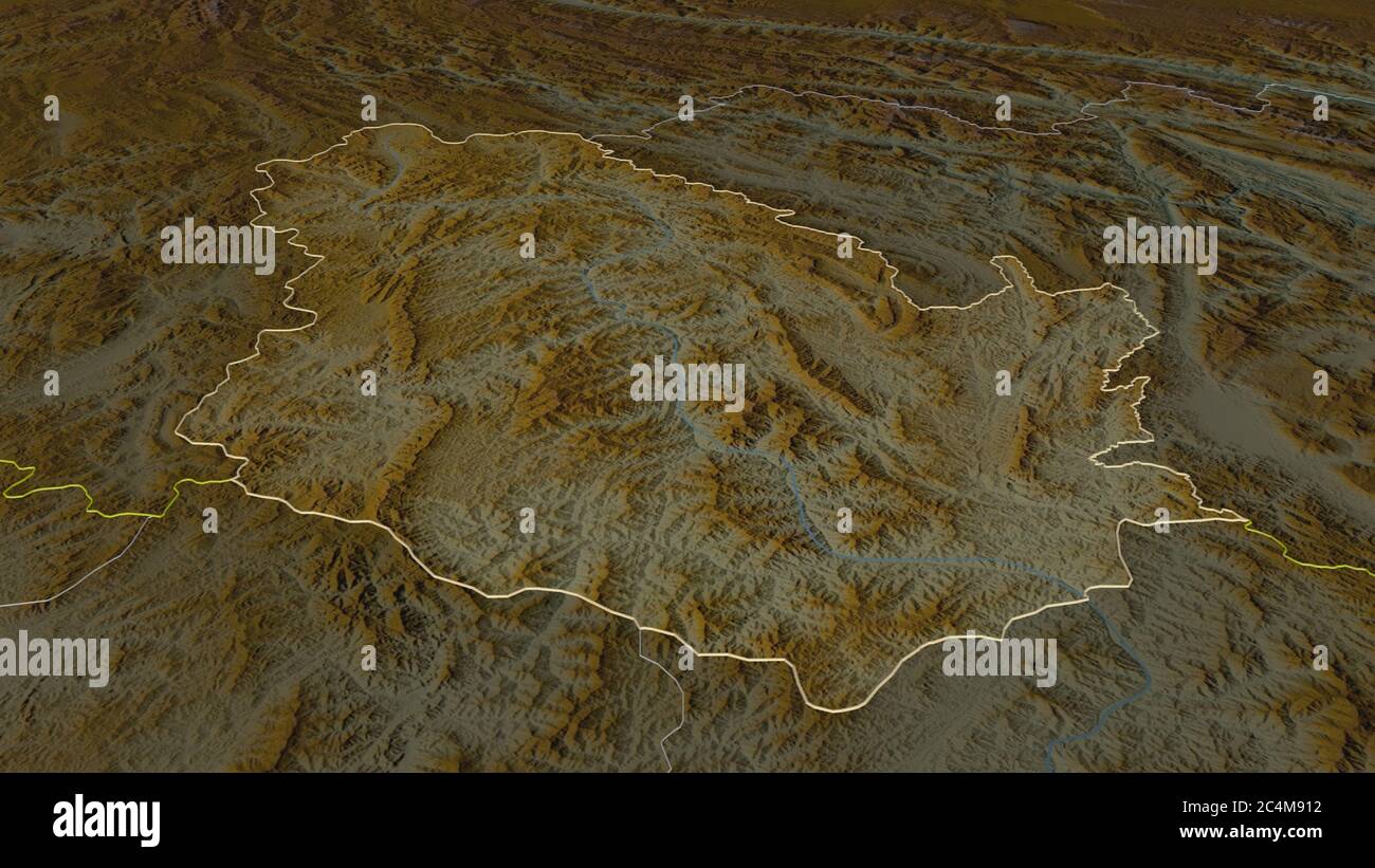 Zoom in on Phôngsali (province of Laos) outlined. Oblique perspective ...