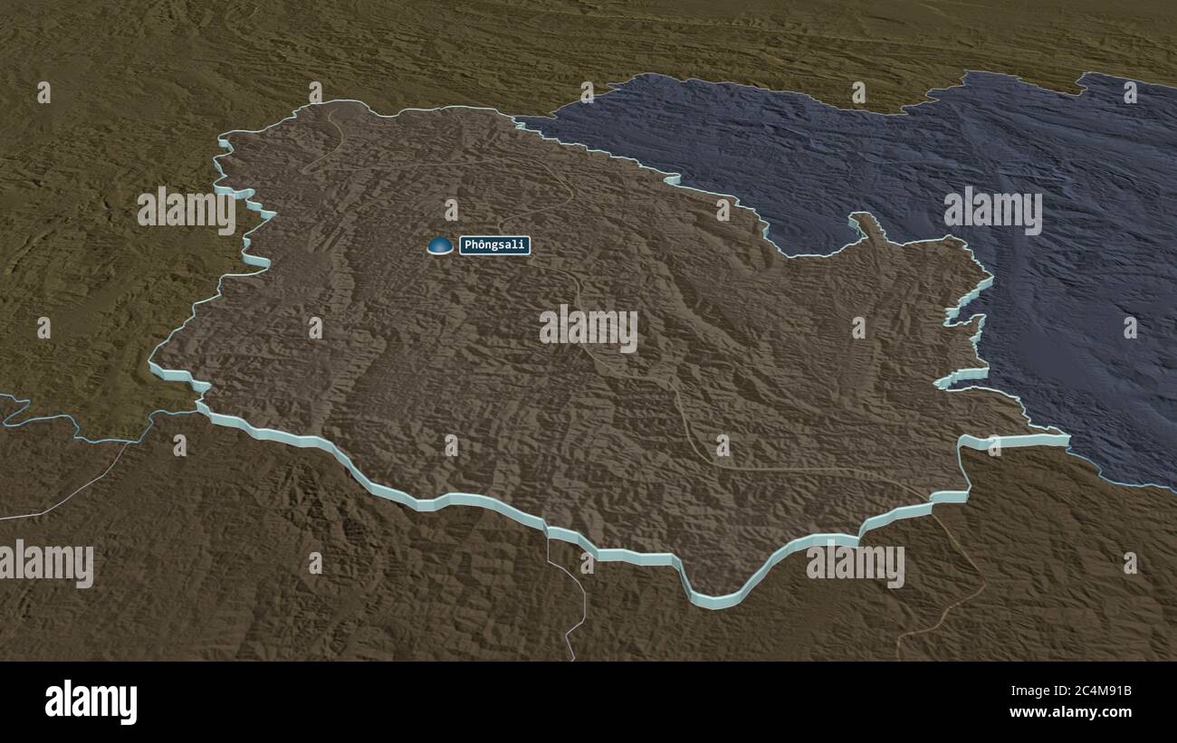Zoom in on Phôngsali (province of Laos) extruded. Oblique perspective ...
