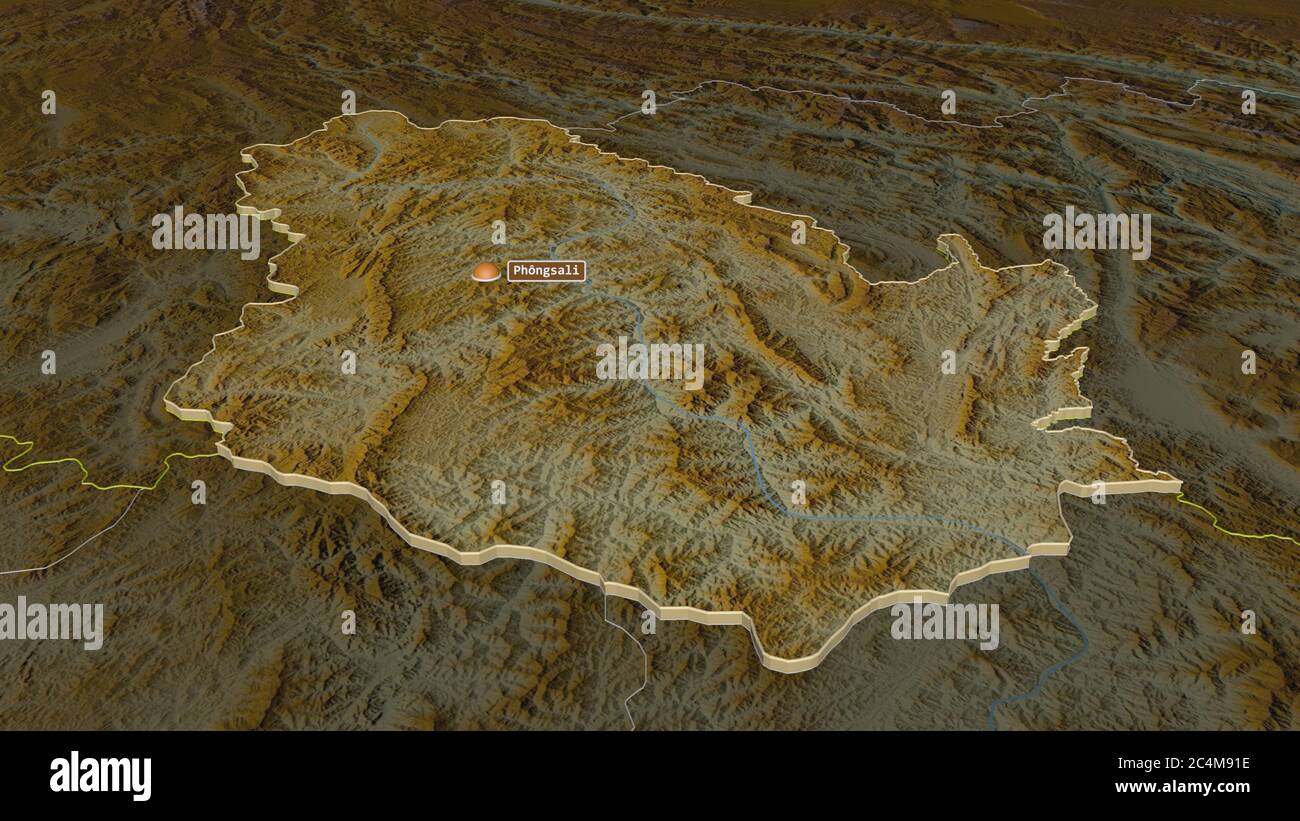 Zoom in on Phôngsali (province of Laos) extruded. Oblique perspective ...