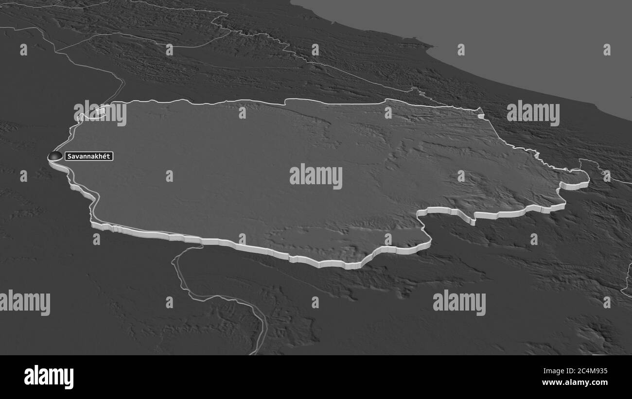 Zoom in on Savannakhét (province of Laos) extruded. Oblique perspective ...