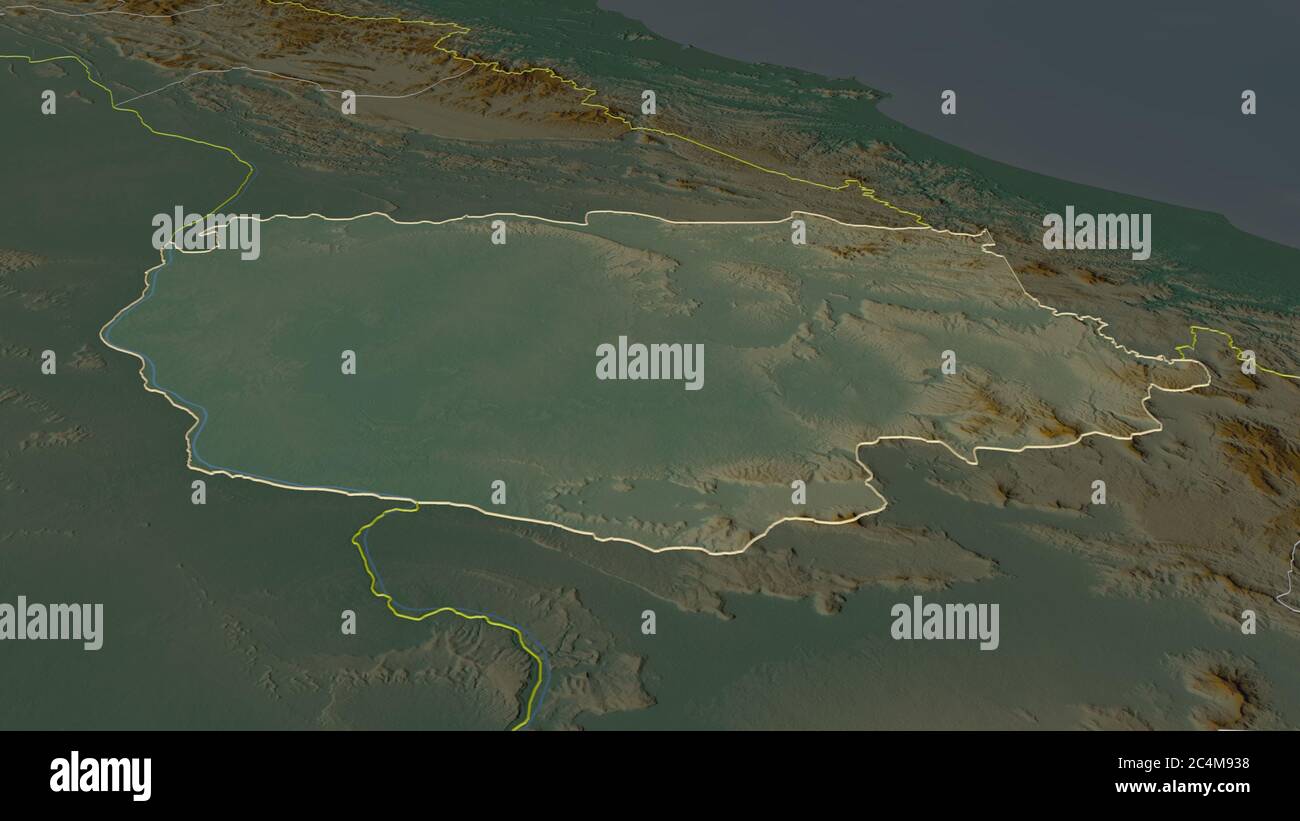 Zoom in on Savannakhét (province of Laos) outlined. Oblique perspective ...