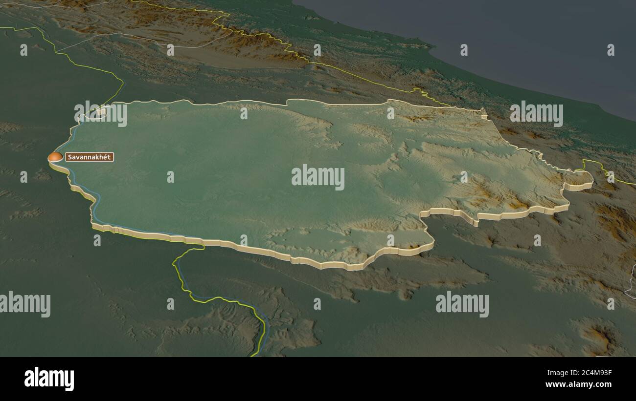 Zoom in on Savannakhét (province of Laos) extruded. Oblique perspective ...