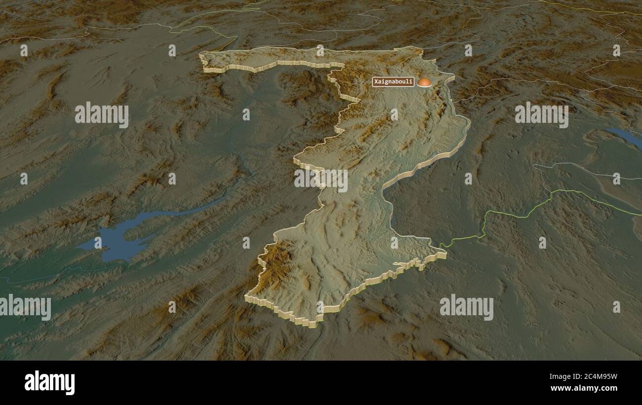 Zoom in on Xaignabouri (province of Laos) extruded. Oblique perspective ...
