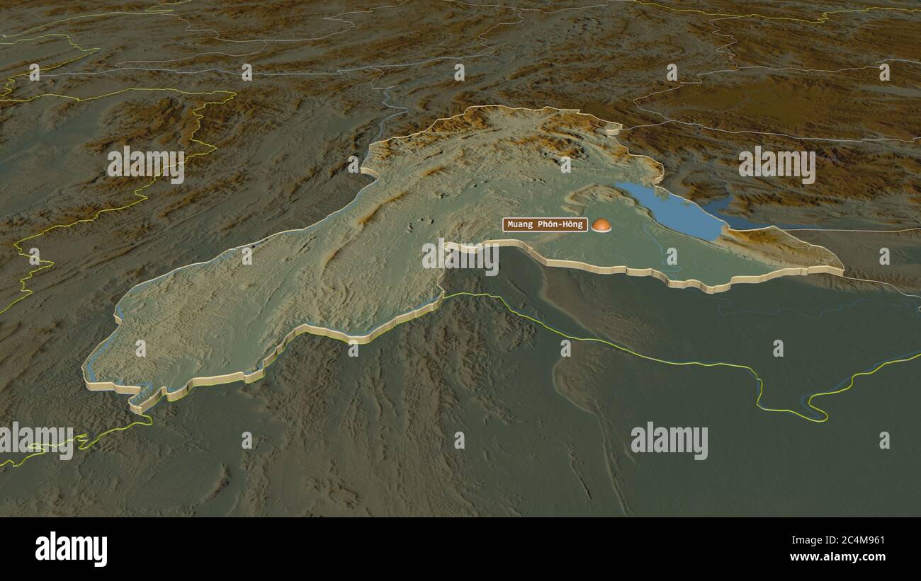 Zoom in on Vientiane (province of Laos) extruded. Oblique perspective ...