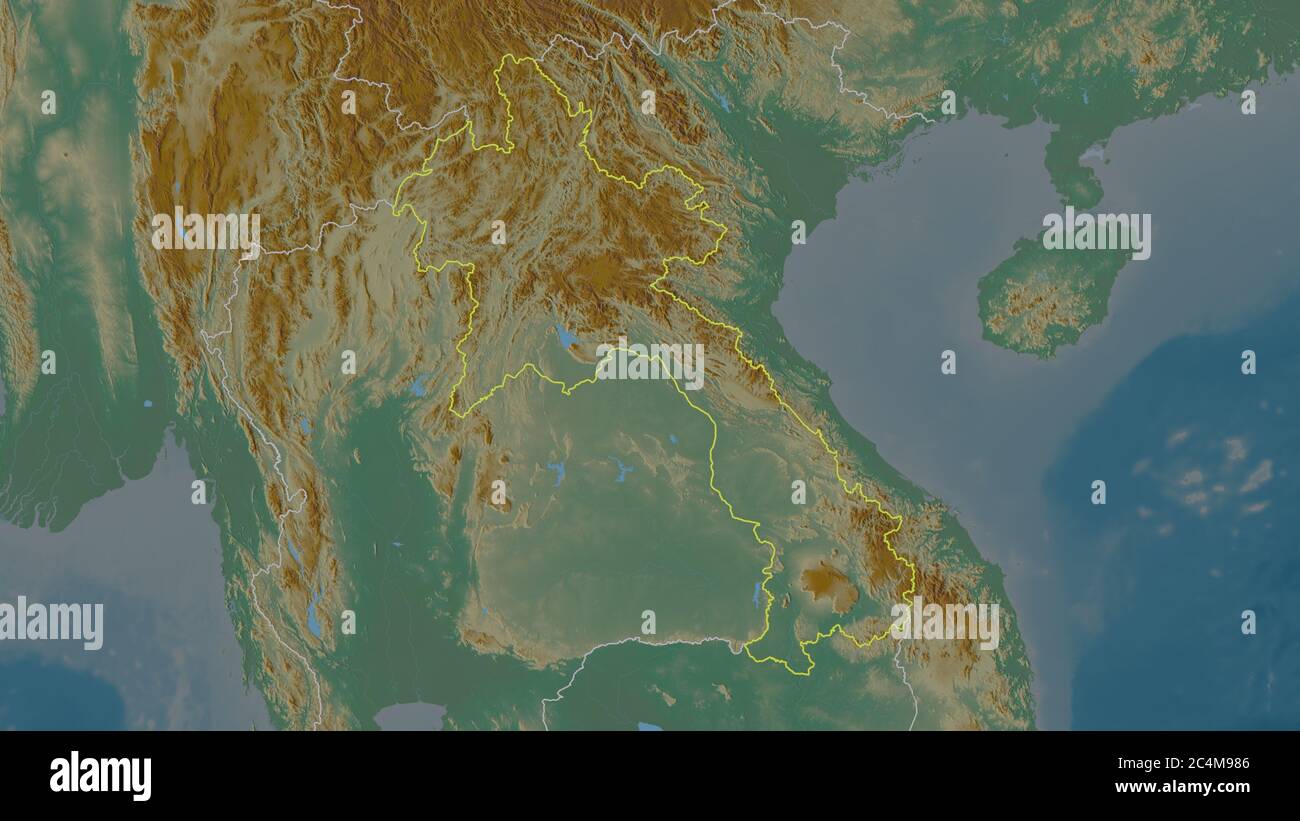 Outlined shape of the Laos area. Topographic relief map with surface ...