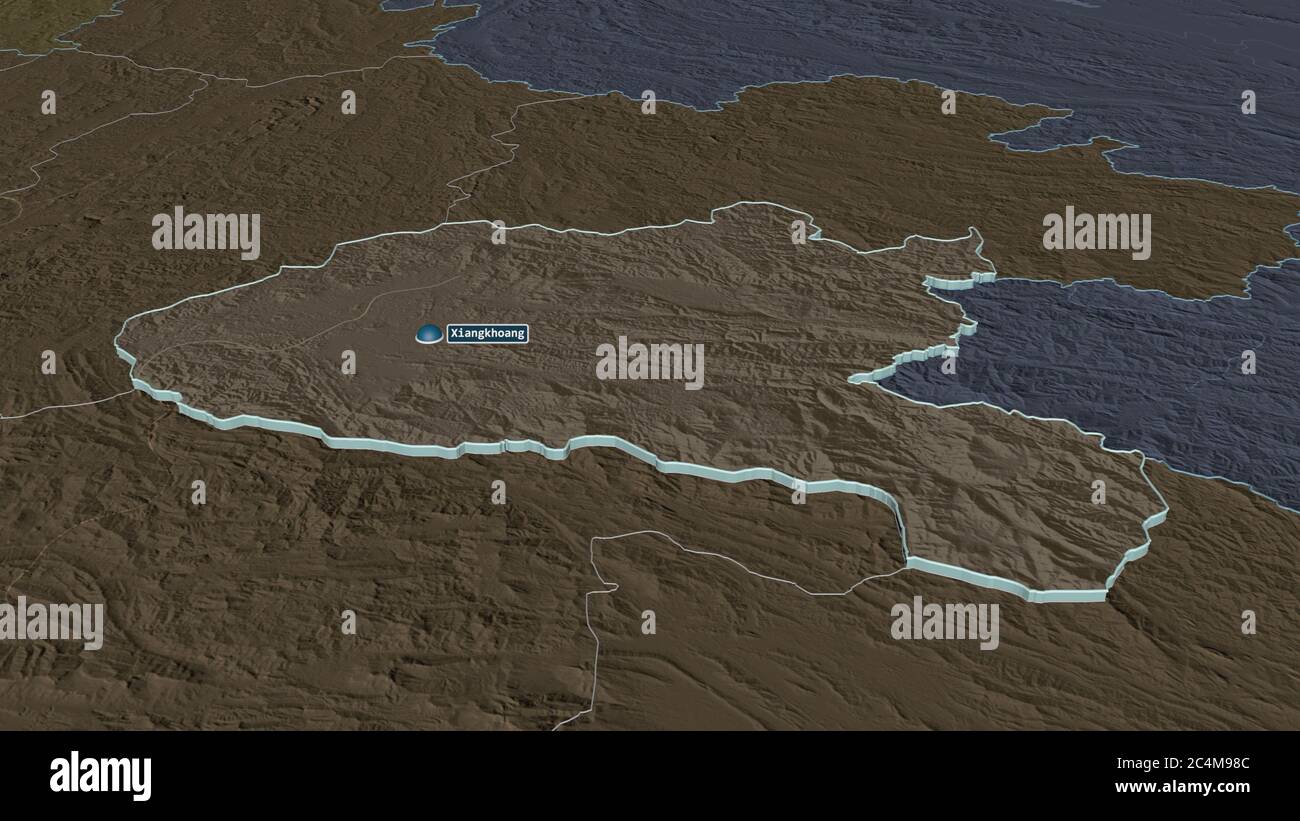 Zoom in on Xiangkhoang (province of Laos) extruded. Oblique perspective ...