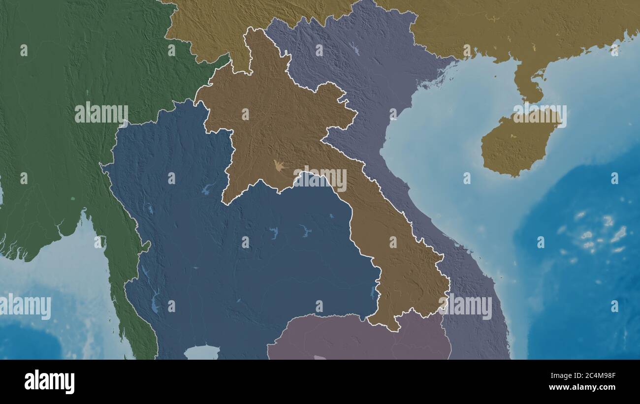 Outlined shape of the Laos area. Colored and bumped map of the ...
