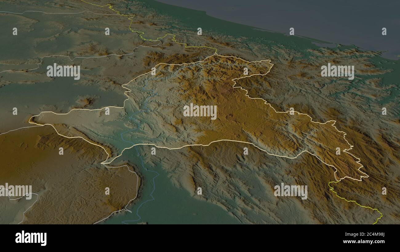 Zoom in on Xékong (province of Laos) outlined. Oblique perspective ...