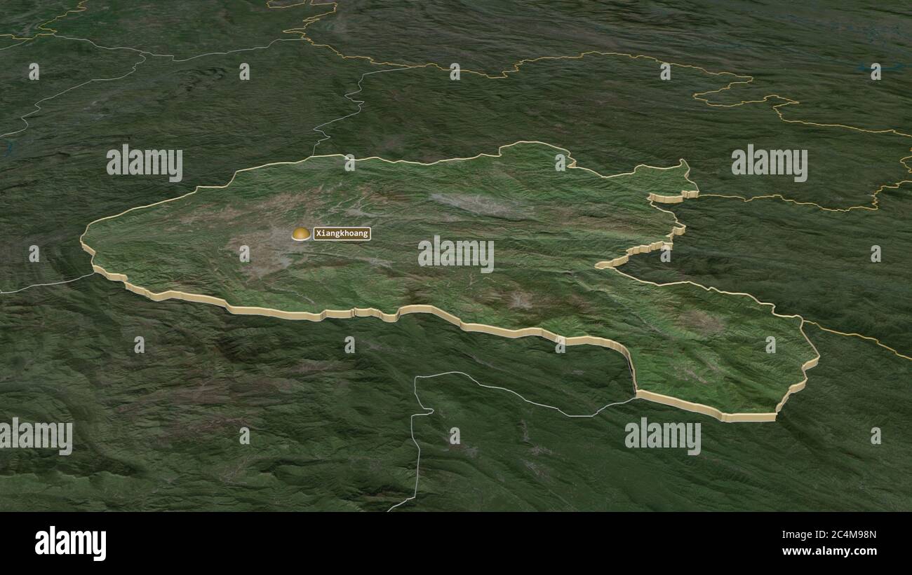Zoom in on Xiangkhoang (province of Laos) extruded. Oblique perspective ...