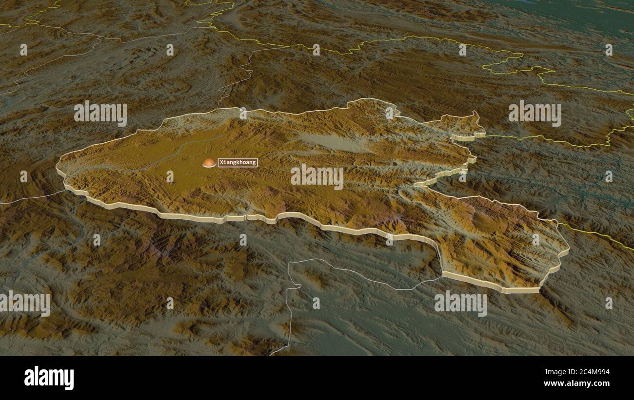 Zoom in on Xiangkhoang (province of Laos) extruded. Oblique perspective ...