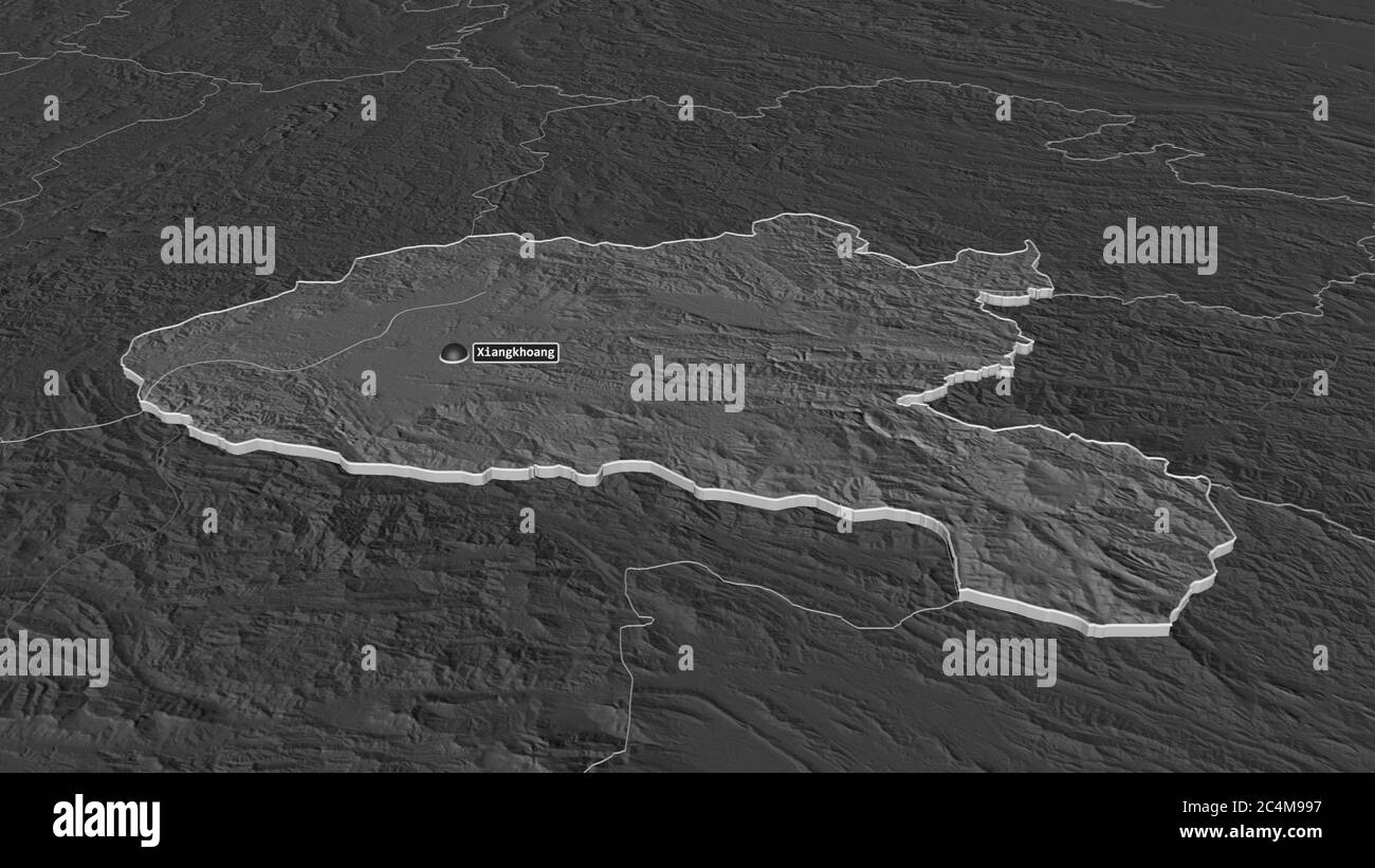 Zoom in on Xiangkhoang (province of Laos) extruded. Oblique perspective ...