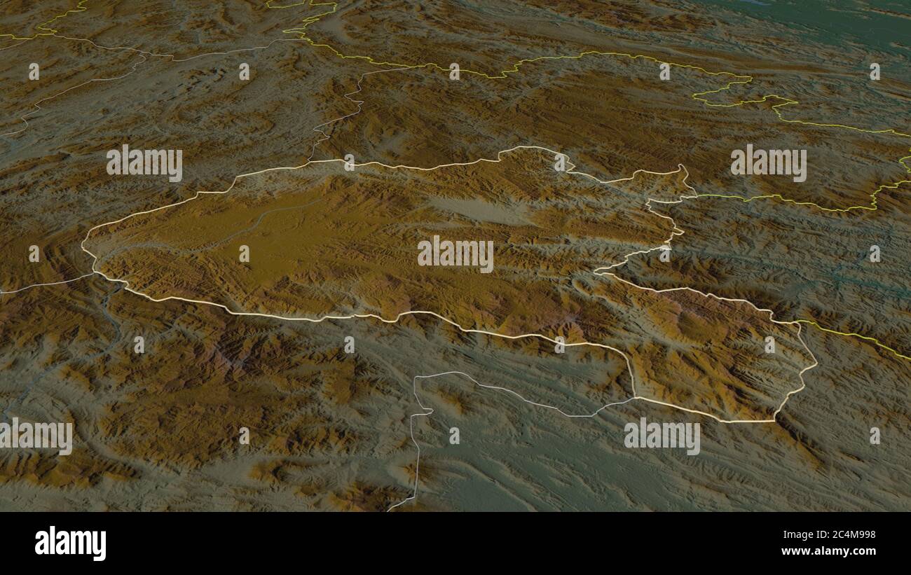 Zoom in on Xiangkhoang (province of Laos) outlined. Oblique perspective ...